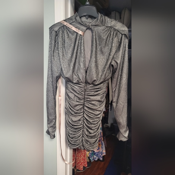 House of CB | Dresses | House Of Cb Irena Silver Sparkle Draped Mini ...